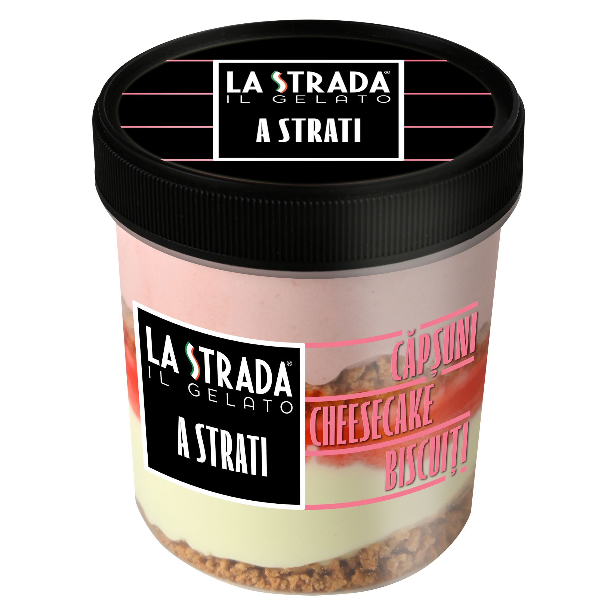 Gelato in straturi cu capsuni, cheesecake si biscuiti 473ml - Bocado