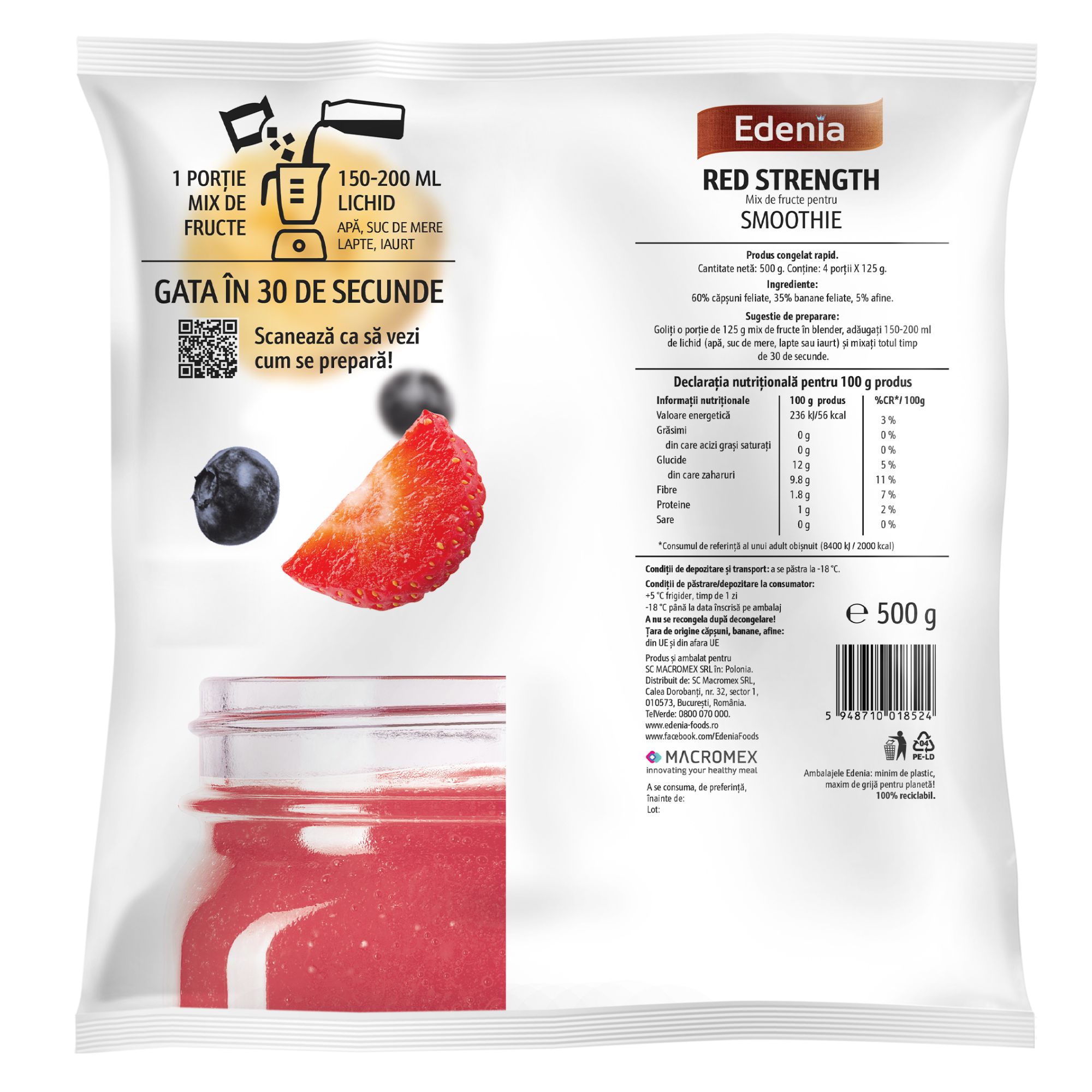 Mix fructe smoothie cu capsuni, banane, afine Red Strength 500g - Bocado